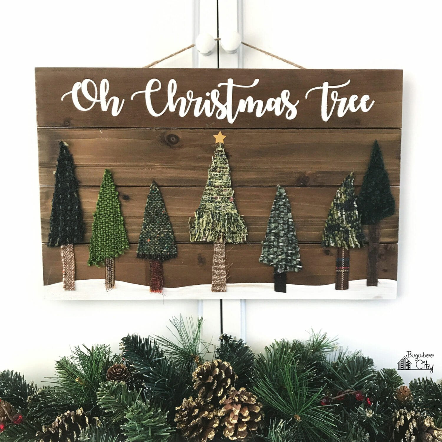 DIY Christmas Tree Wood Sign with Fabric Scraps - Crafting Cheerfully