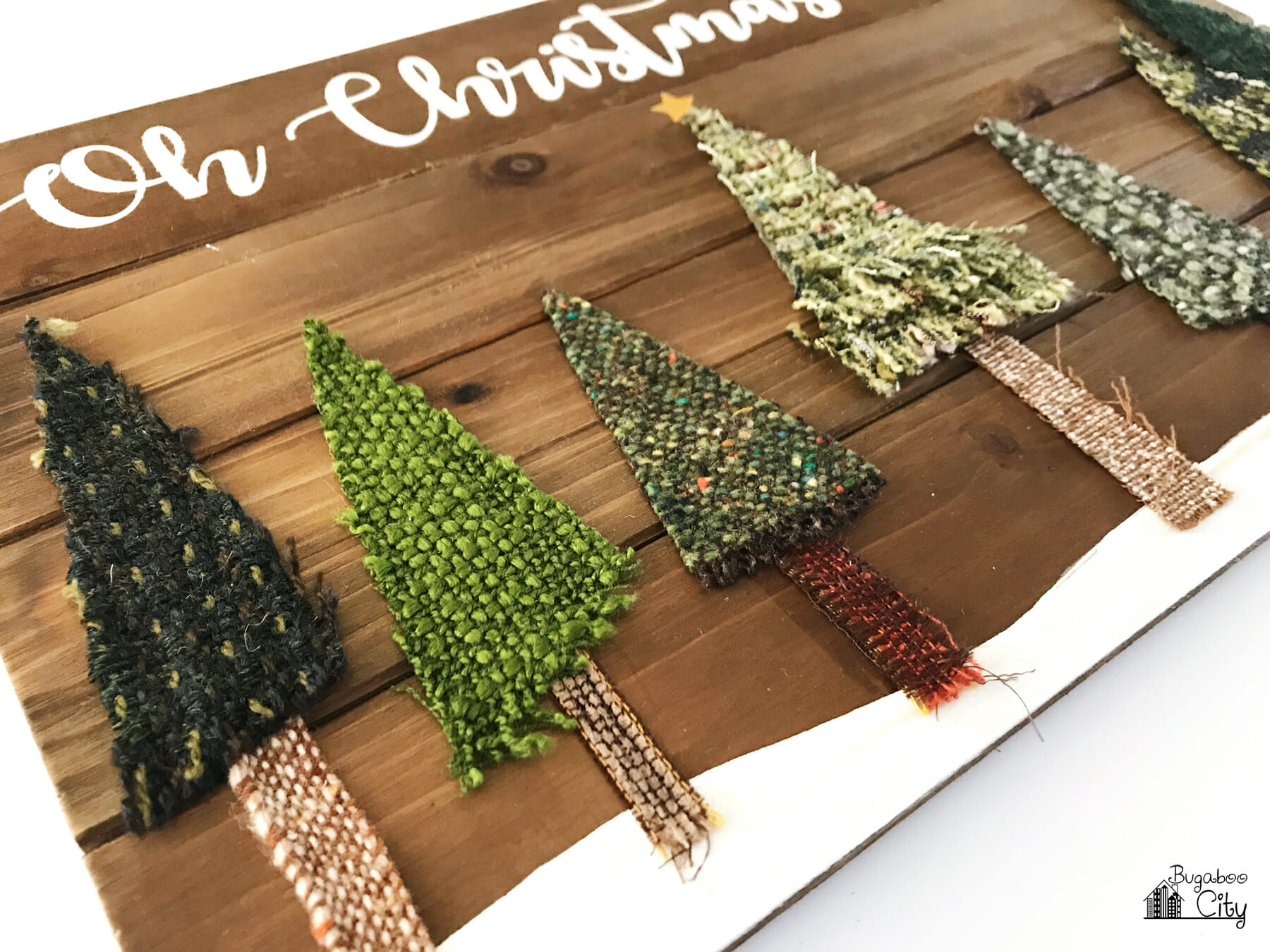 DIY Christmas Tree Wood Sign with Fabric Scraps - Crafting Cheerfully