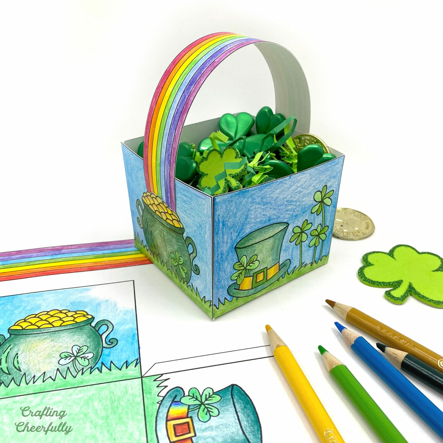 St. Patrick's Day Rainbow Basket Coloring Page - Crafting Cheerfully