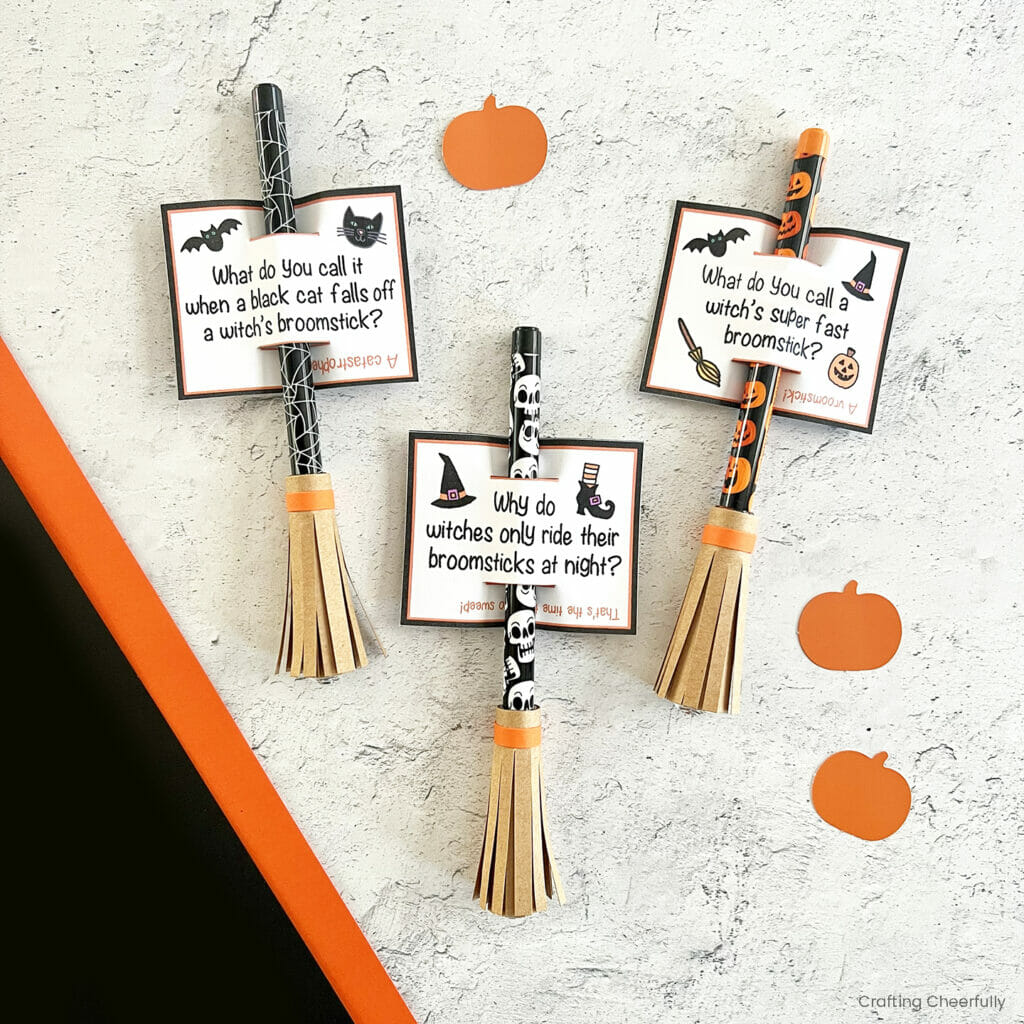 Witch's Broom Printable Halloween Pencil Tags - Crafting Cheerfully