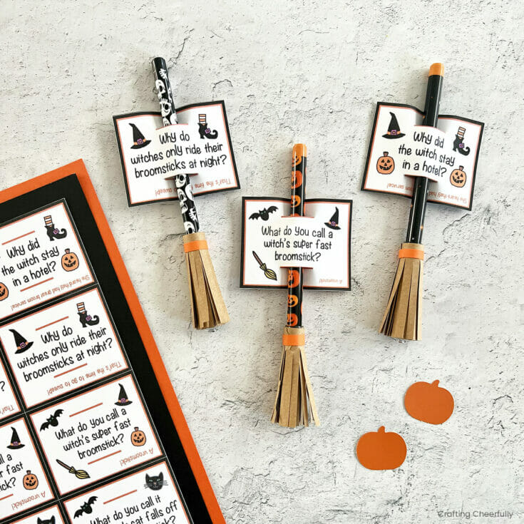 Witch's Broom Printable Halloween Pencil Tags - Crafting Cheerfully