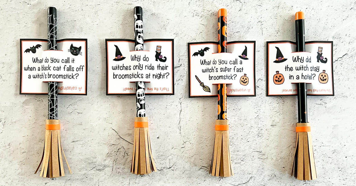 Witch's Broom Printable Halloween Pencil Tags - Crafting Cheerfully
