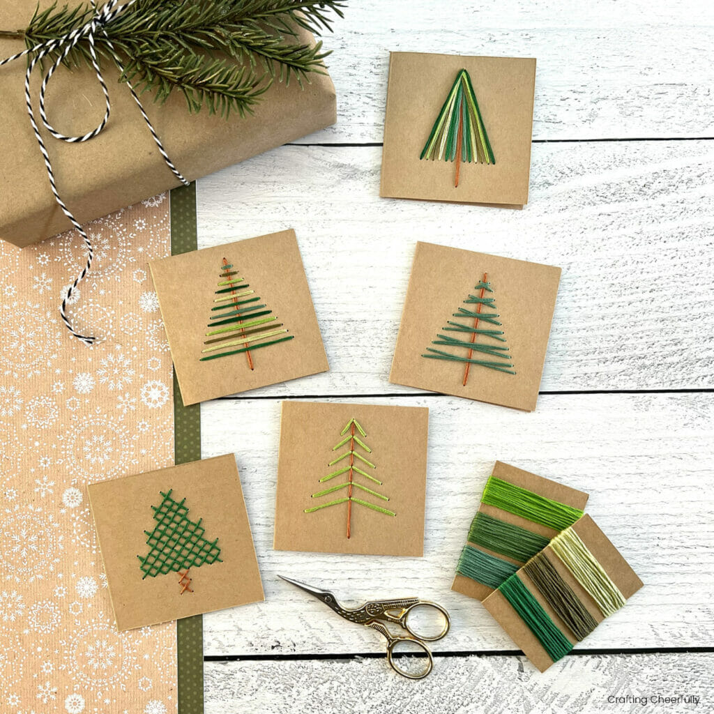 Embroidered Tree Holiday Cards and Gift Tags - Crafting Cheerfully