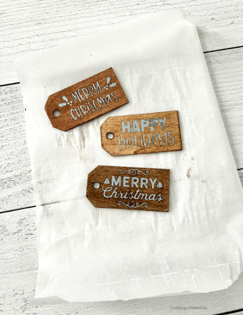DIY Stained Wood Holiday Gift Tags - Crafting Cheerfully