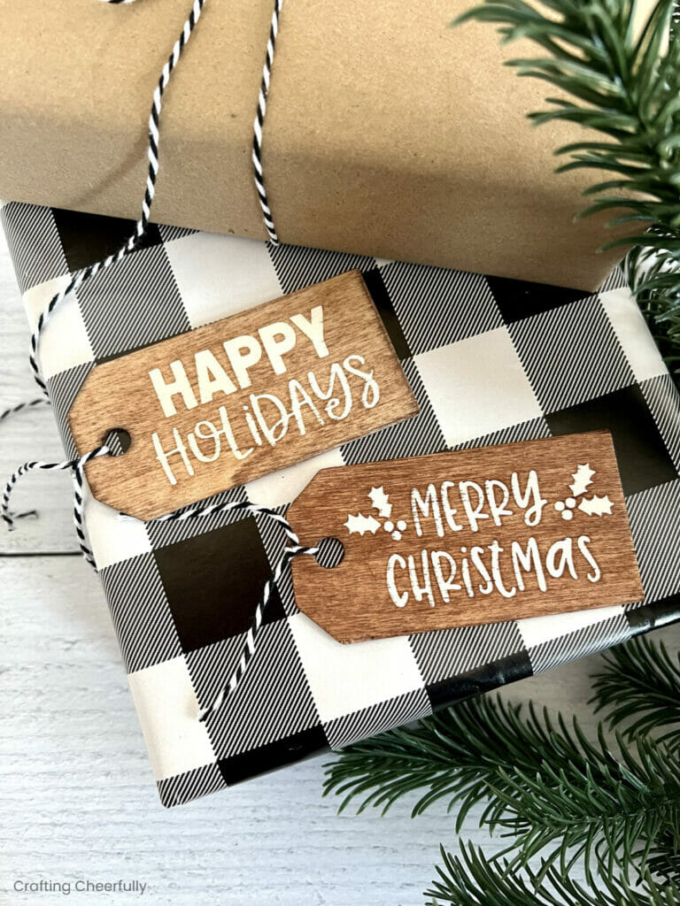 DIY Stained Wood Holiday Gift Tags - Crafting Cheerfully