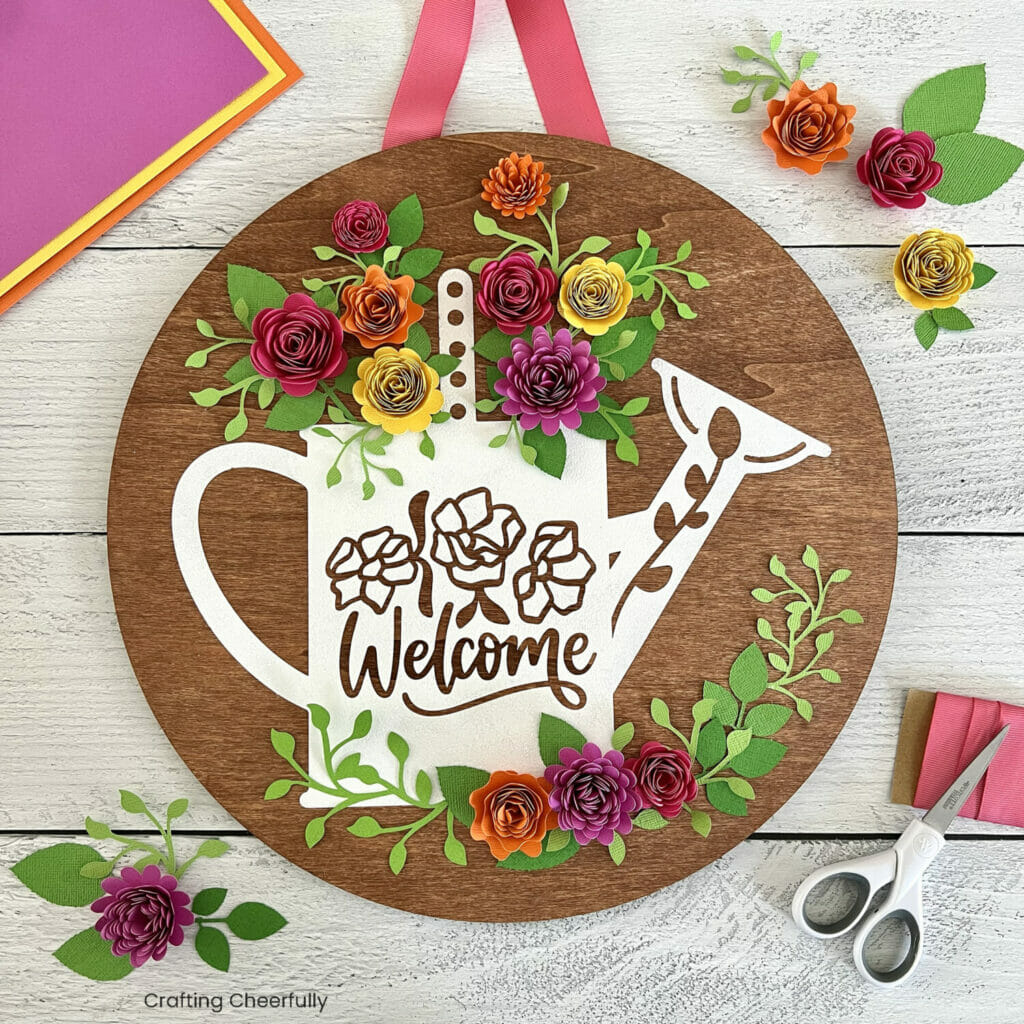 Watering Can Welcome Sign with Paper Flowers - Crafting Cheerfully